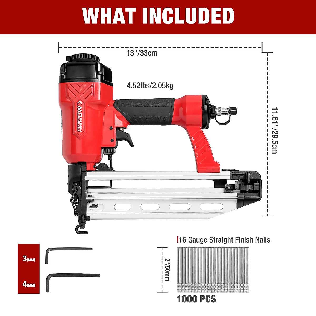 Arrow Pneumatic 16 Gauge Finish Nailer with 1000 Pcs Nails, 16 GA Professional Straight Nail Gun Kit, Oil-free Design, Depth Adjustable, Dryfire-lockout, Fits 1-1/4-Inch to 2-1/2-Inch Finish Nails