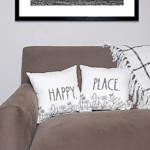 Rae Dunn Decorative Throw Pillows, Decor for Living Room and Bedroom, 2 Pack of 12x12 inch Pillows, Soft, Throw Pillows for Couch, Bed, Chair, Labelled Happy, Place in Signature Font
