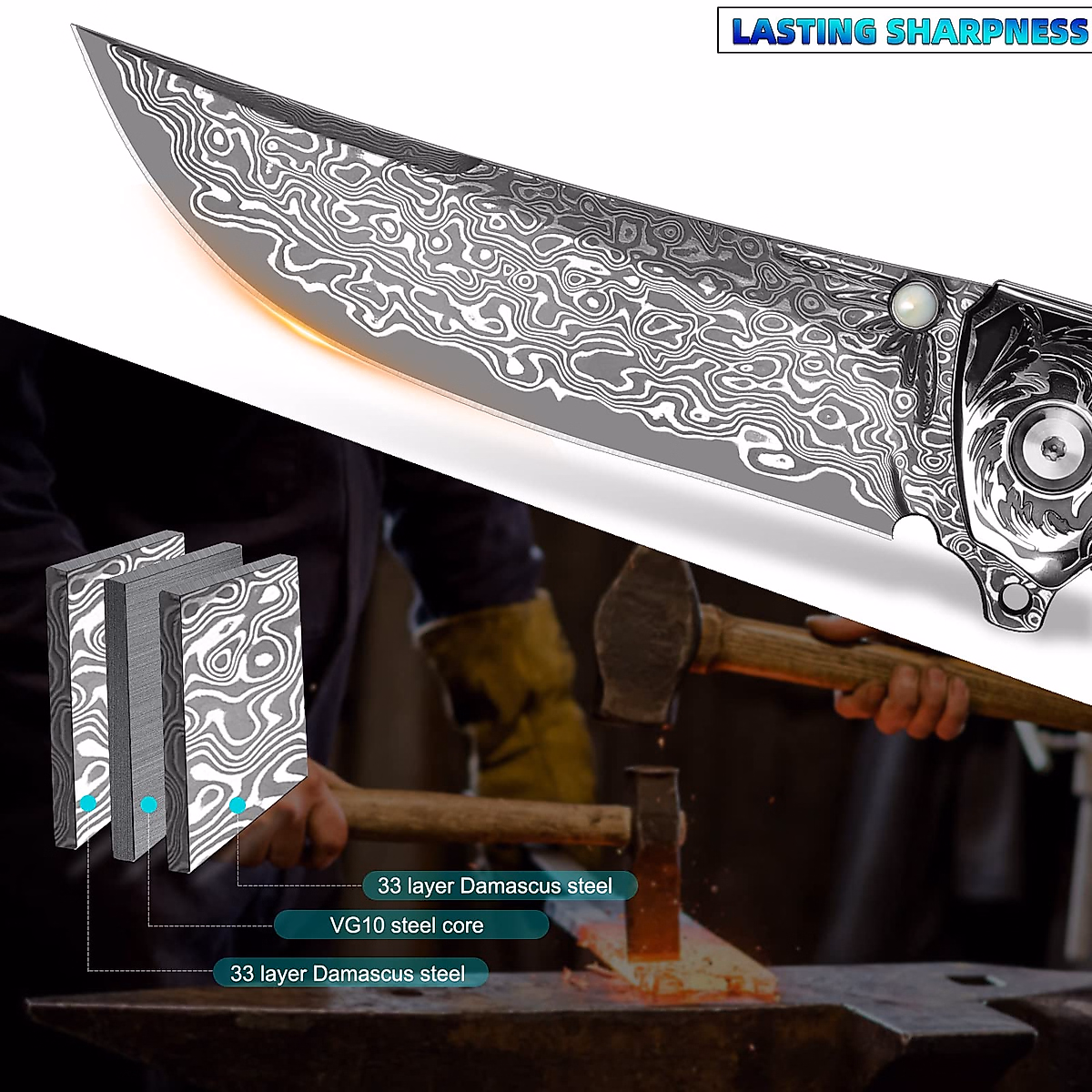 ALVELY Handmade Folding Pocket Knife, 3.6in Straight Alloy Steel Blade, Snake Lines Wood Handle, Liner Lock, with Leather Sheath, EDC Unisex Adult Knife