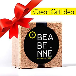 Natural Cork Coasters for Drinks – 10 Absorbent Drink Coasters with Matching Cork Holder That Doubles as a Bottle Coaster to Protect Tables and Countertops