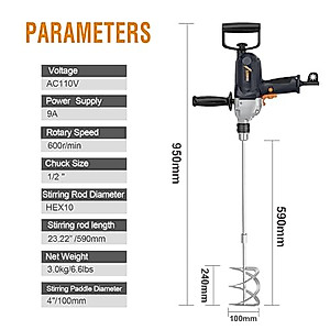 MAXXT Drill Mixer Set with Spade Handle 1/2 inch Electric Corded Mixing Drill Machine 9A Motor Concrete Mud Mixer