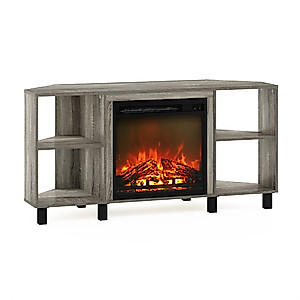 Furinno Jensen Corner Fireplace TV Stand with 4 Open Compartments for TV up to 55 Inches, French Oak Grey