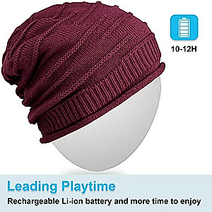 Mydeal Wireless Bluetooth Beanie Hat Headphones Headsets Music Audio Cap with Speakers Mic Hands Free for Women Men Outdoor Sports,Compatible with iPhone 7/7 Plus,Samsung - Burgundy