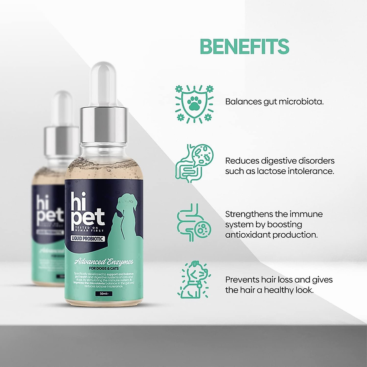 HiPet Liquid Probiotics for Dogs and Cats, Digestive Enzymes for Dogs, 13 Billion CFU/ML, Lactose Intolerance Formula for Pets, Cat and Dog Probiotics for Digestive Health, 1.7 Fl Oz