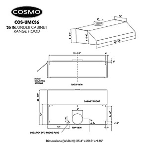COSMO UMC36 36 in. Haven Collection 380 CFM Ducted Under Cabinet Range Hood, LED Lights, Touch Controls, Stainless Steel