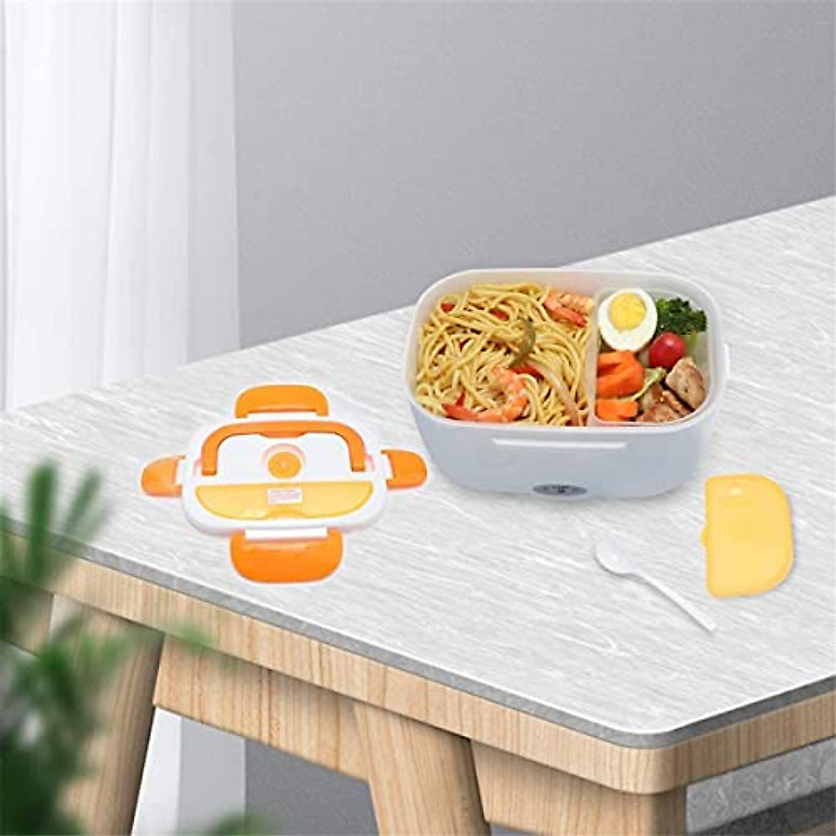 RXF Electric Lunch Box,2 in 1 Portable Food Heater Food Grade Container 12V 110V 40W Adapter Homework for Car Truck,Spoon and 2 Compartments,Orange