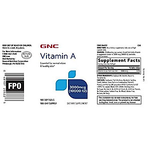 GNC Vitamin A 3000mcg (10000IU), 180 Softgels, Promotes Normal Vision and Healthy Skin