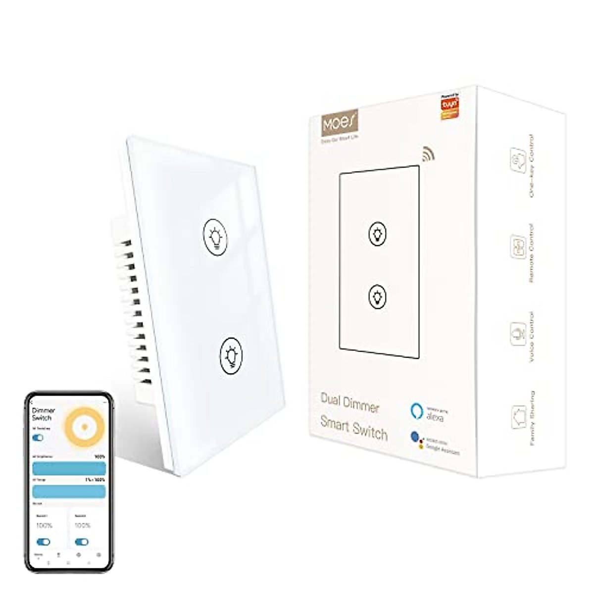 MOES Dual Dimmer Switch, Double Dimmer Switch for LED Lights, Full Range Dimming, WiFi Smart Light Switch Neutral Wire Required, Single Pole, 300W INC, 75W LED/CFL, Smart Life/Tuya APP Remote Control