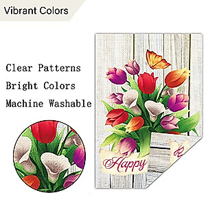 Louise Maelys Happy Spring Garden Flag 12x18 Double Sided, Burlap Small Vertical Floral Flower Garden Yard Flags for Seasonal Outside Outdoor House Decoration (ONLY FLAG)