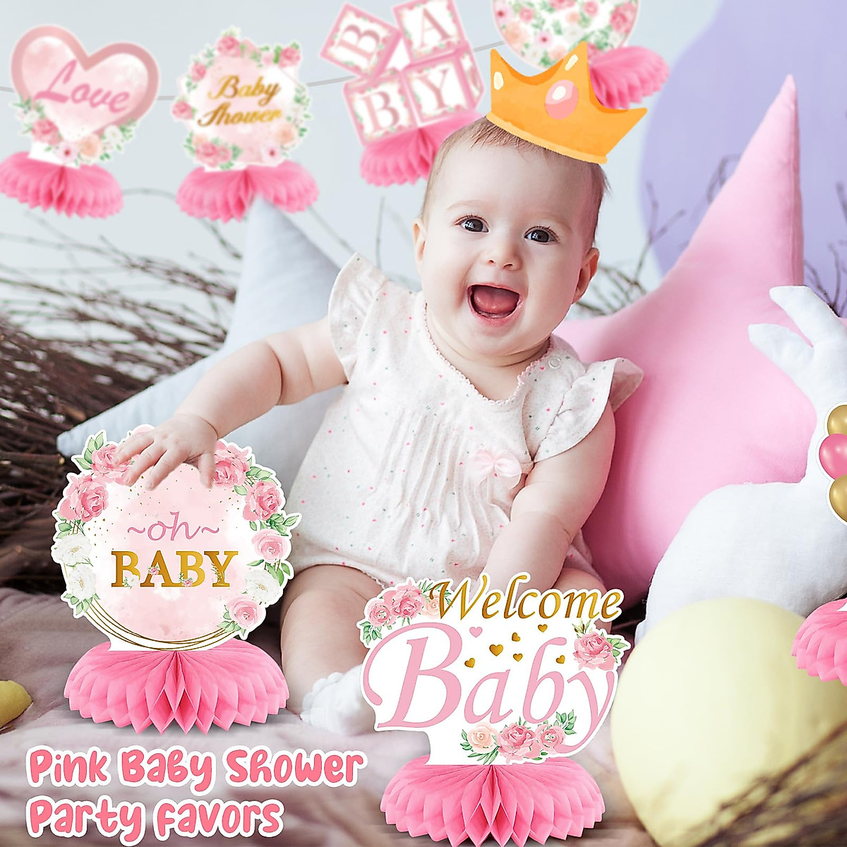 Weecent 9 Pcs Pink Rose Gold Baby Shower Honeycomb Centerpieces Floral Baby Shower Party Table Centerpieces Oh Baby Party Decorations Baby Girl Boy Birthday Party Table Topper Party Supplies