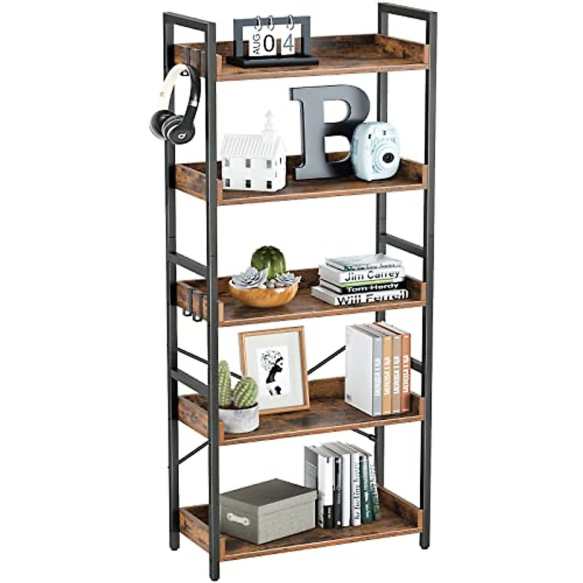 Rolanstar Bookshelf 5 Tier with 4 Hooks, Industrial Wood Bookcase, Vintage Storage Rack with Open Shelves, Rustic Standing Bookshelves Metal Frame Display Rack for Living Room, Bedroom, Rustic Brown