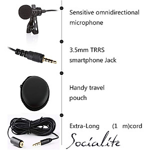 Socialite 3.5 mm Magic Microphone Clip On Lapel Lavalier Mic for Mac, PC, Compatible with iPhone Android Podcasting Recording Streaming incl Extra Long 6.5 Ft Extension Cable Just Plug and Play