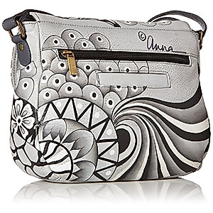 Anna by Anuschka Women's Genuine Leather Flap-Over Cross Body | Hand Painted Original Artwork | Patchwork Pewter