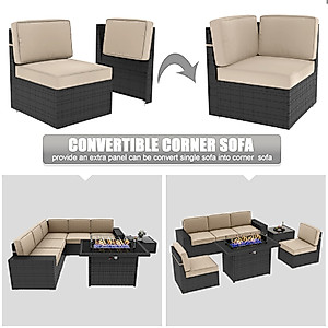 LayinSun 7 Pieces Outdoor Patio Furniture Set with 44" Fire Pit Table Rattan Sectional Sofa Conversation Sets