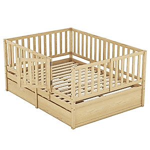 RUNNA Multifunction Full Size Wood Daybed with Fence Guardrails and 2 Drawers, Split into Independent Floor Bed & Daybed for Kids Girls Boys (Natural#8)