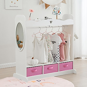 RELIANCER Kids Armoire Dress-Up Closet w/Mirror,Open Hanging Wardrobe w/Clothes Rack,Toddlers Pretend Play Costume Storage Dresser,Children Costume Organizer Center for Nursery Girl Bedroom Playroom