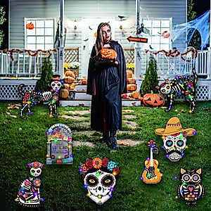 Dia De Los Muertos Yard Decorations - Day of the Dead Yard Sign for Outdoor Decorations, 8Pcs Sugar Skull Skeleton Dog Cat Owl Guitar Lawn Sign with Stakes for Yard,Lawn Halloween Decor