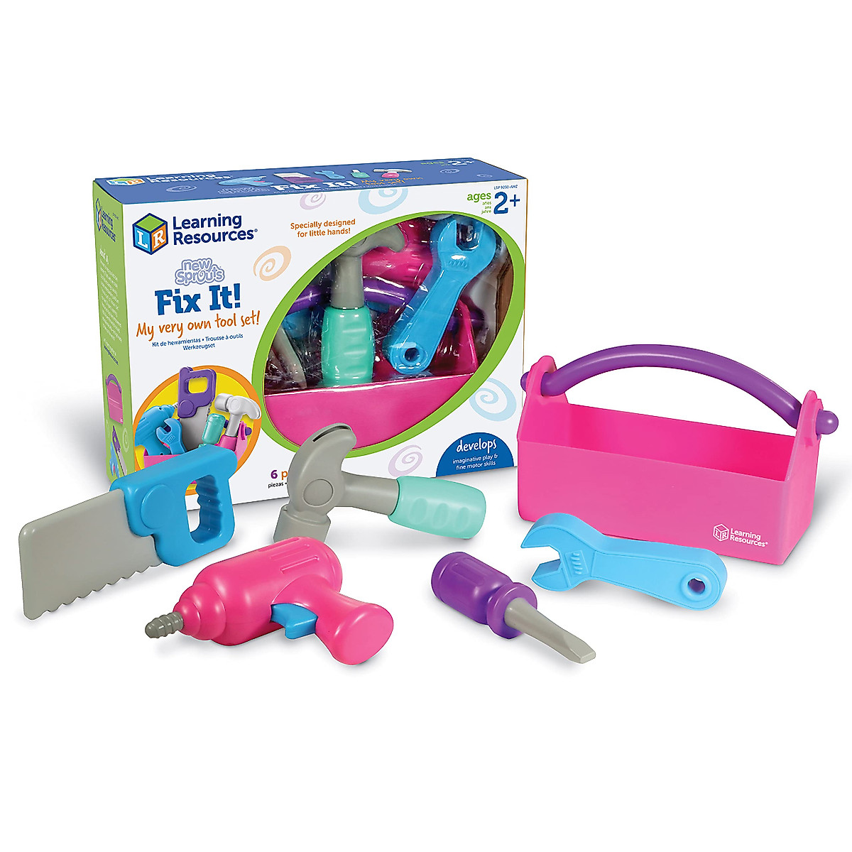 Learning Resources New Sprouts Fix It!, Pink Pretend Play Toy Tool Set for Toddlers, Develops Fine Motor Skills with Imaginative Construction Tools, Gift for Boys and Girls, 6 Pieces, Ages 2+