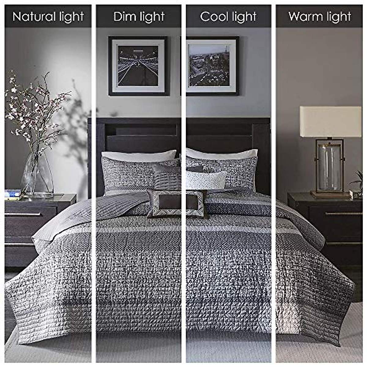 Madison Park Quilt Set Luxurious Jacquard Stripes Design - All Season, Coverlet Bedspread Lightweight Bedding Layer, Shams, Decorative Pillow, Full/Queen(90"x90"), Chevron Grey/Taupe 6 Piece