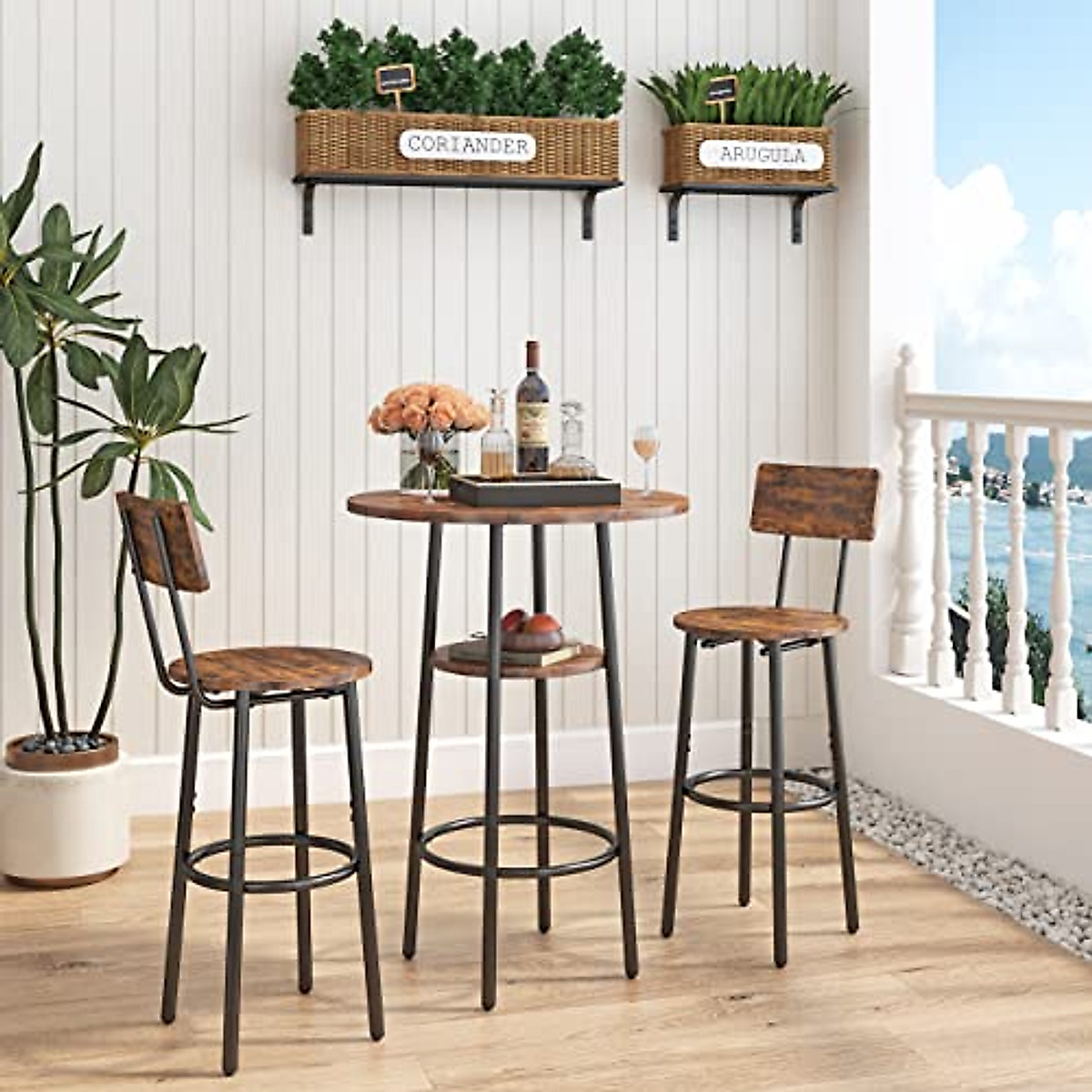 Tensun Bistro Table and Chairs Set of 2, 3-Piece Bar Table and Chairs, Small 2-Tier Round Pub Dining Table with Wooden Stools and Backrest, High Top Table for Kitchen Small Space