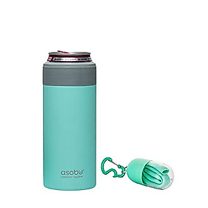 Asobu Skinny Can Cooler Insulated Stainless Steel Sleeve for a Slim 12 Ounce Can with a Reusable Flexible Straw (Mint Green)