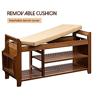 ALIMORDEN Shoe Storage Bench with Cushion Hidden Drawer and Side Holder Shoe Rack for Entryway Small Space 2-Tier Bamboo Boot Organizer Rack Cabinet Bench with Storage Brown
