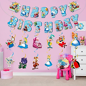 Alice in Wonderland Birthday Decorations Alice Happy Birthday Banner with Hand Hanging Swirls for Kids, Boys and Girls Alice in Wonderland Happy Birthday Decoration