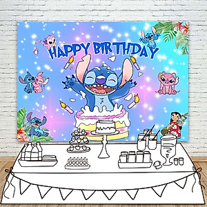 Stitch 1st Birthday Decorations Banner for Boy 5x3ft Happy Birthday Lilo and Sticth BackdropVinyl Pink Angel and Stitch First Birthday Background for Party Supplies