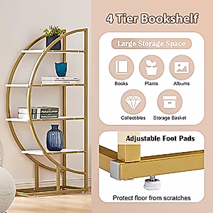 Merax Round Bookshelf Storage Display Shelf Organizer, 4 Tiers L Shaped Corner Bookcase Shelving Unit for Home Office, White, Gold