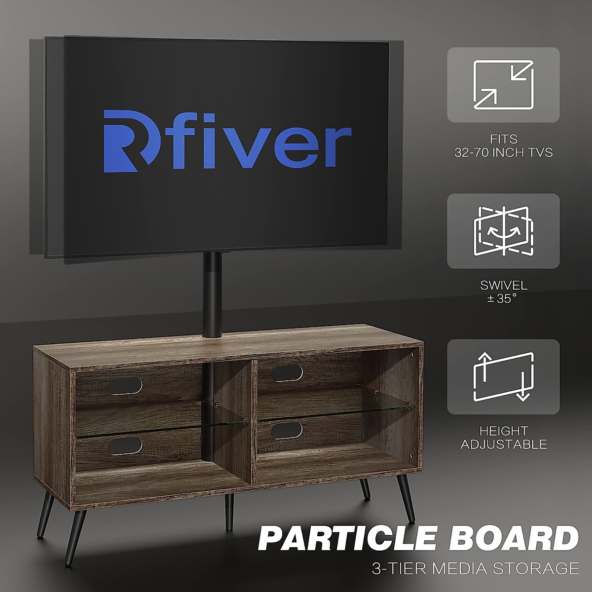 Rfiver Swivel Wood TV Stand with Mount for 32-70 Inch Flat Screen TVs, Entertainment Center with 4-Shelf Storage Cabinet for Media Console, Universal Floor TV Stand Cabinet for Home, Rustic Oak