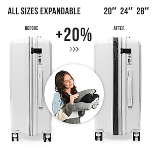 Feelway Travel 3-Piece Hard Side Luggage Suitcase Set Durable, Expandable Design with 360° Double Spinner Wheels, TSA Lock, Telescopic Handle, Secure Zipper (White, 20", 24", 28")