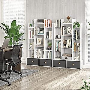 Unikito Bookshelf with 2 Drawers Free Standing Bookcase, Office Storage Shelf Organizer with 12 Open Bookshelves, Industrial Wood Book Case Display Rack for Bedroom, Living Room, Home Office, White