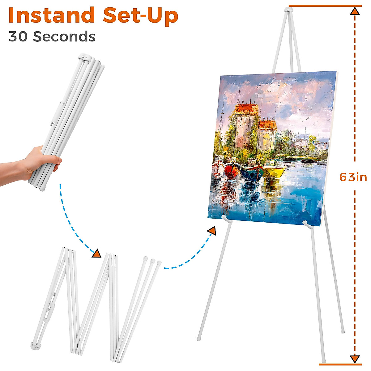 ARTASY 63" Easel Stand for Wedding Signs, Posters, Portable Artist Easel for Painting Canvas, Tripod for Home and Office, Supports 5 lbs-White 1/Pack