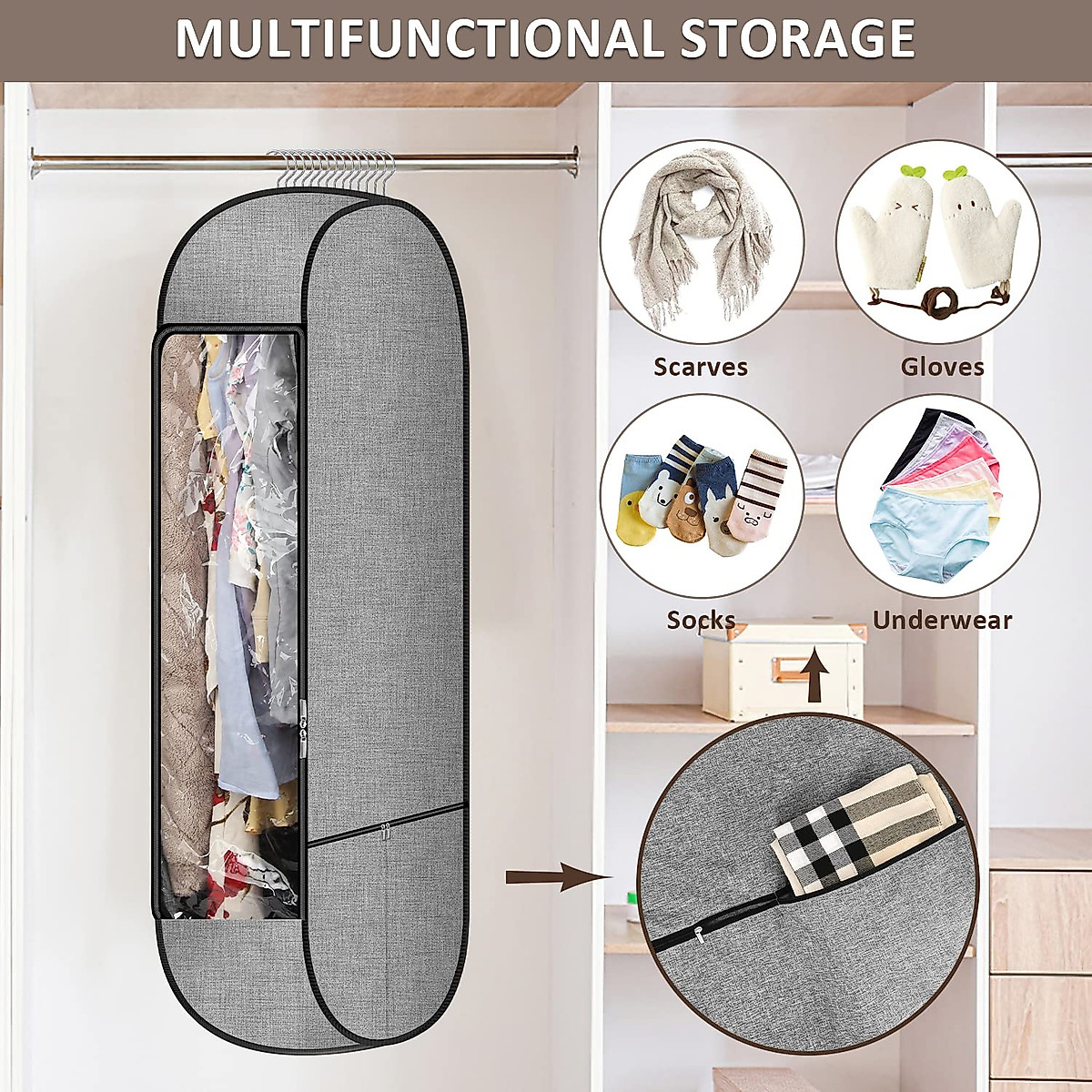 Garment Bags for Hanging Clothes,Chakera Large Breathable Garment Bag for Closet Storage with 10”Gusseted,Clear Clothing Storage Garment Cover for Dress Sweater with Double Zipper,Grey