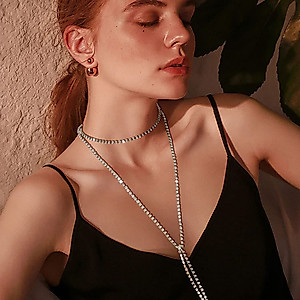 Chennie Rhinestone Choker Necklace Silver Crystal Long Necklaces Fashion Y-Necklaces Party Sparkly Adjustable Chain Jewerly for Women and Girls