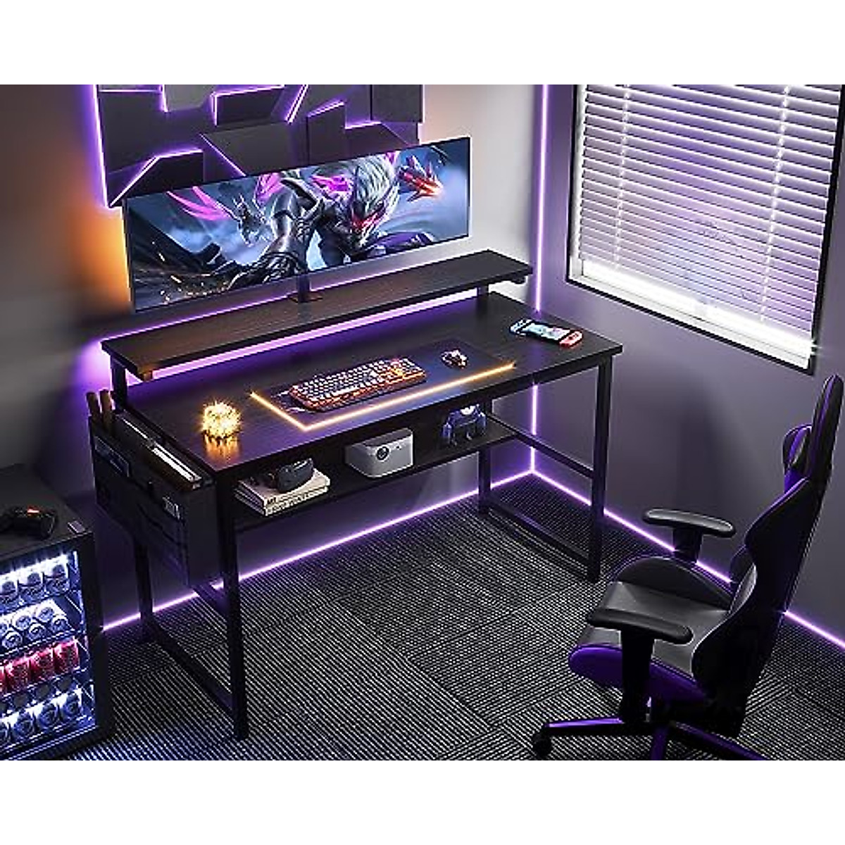 ODK Gaming Desk with Adjustable Monitor Stand (3.2", 4.3", 5.5"), 47 Inch Computer Desk with Storage Bag, Gamer Desk with Under-Desk Shelf, Simple Modern Style Laptop Desk for Small Space,Black