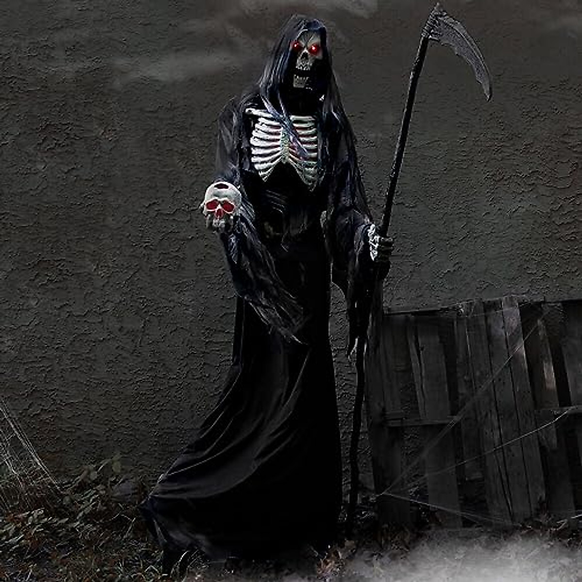 Haunted Hill Farm Motion-Activated 7-Ft. Tall Rotting Reaper, Plug-in Talking Scare Prop Animatronic for Indoor or Covered Outdoor Creepy Halloween Decoration