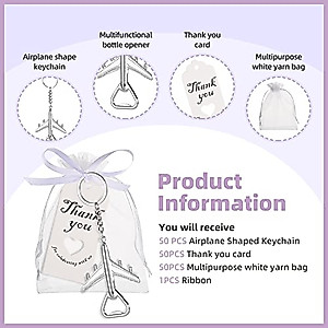 50Pcs Airplane Bottle Openers with Keychain & Keyrings for Wedding Favors, Bridal Shower Gifts for Guests or to make flight attendant gifts for a trip，Include White Sheer Favor Bag Thank You Card