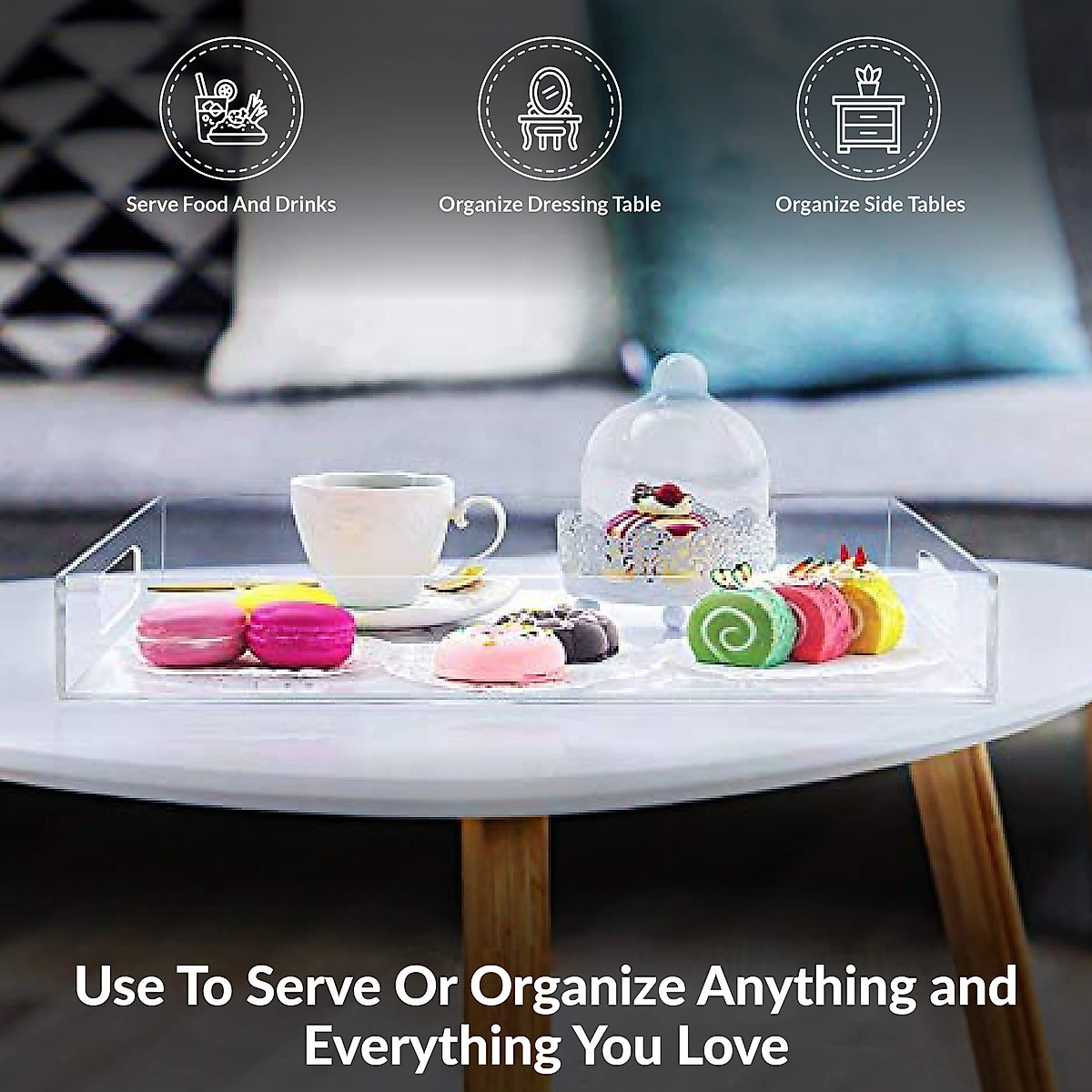 Rectangle Coffee Table Tray - Clear Acrylic Tray with Handles 16 x 12 x 2 - Rectangle Tray for Serving Food, Coffee, Organizing Bathroom Accessories, Makeup, Perfume, Ottoman, Eating in Bed Tray