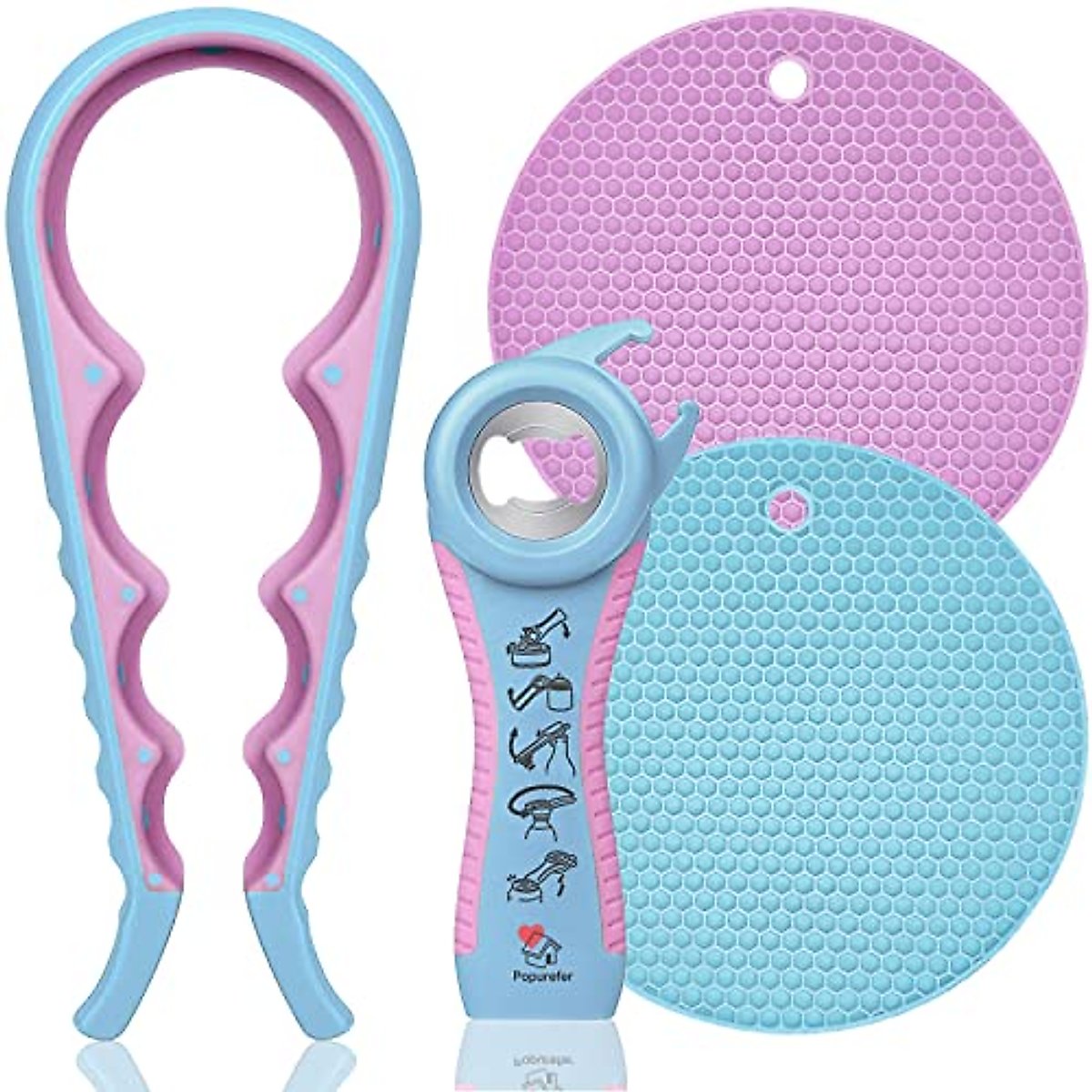 Jar Opener for Weak Hands, Jar Opener for Seniors with Arthritis Multi-Function, Non Slip Rubber Jar Opener Gripper Pad Lid Twist Gripper, Jar Bottle Lid Can Opener Kit for Low Strength, Elderly