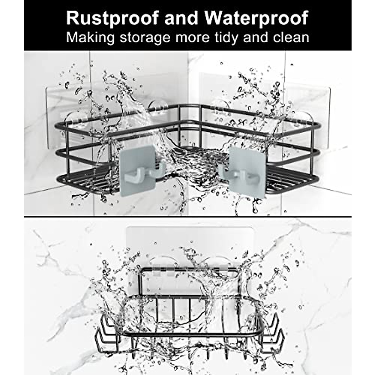 Purdaz Corner Shower Caddy Shelf Organizer with Soap Dish, Rustproof Bathroom Basket with 8 Hooks, Adhesive No Drilling, Black