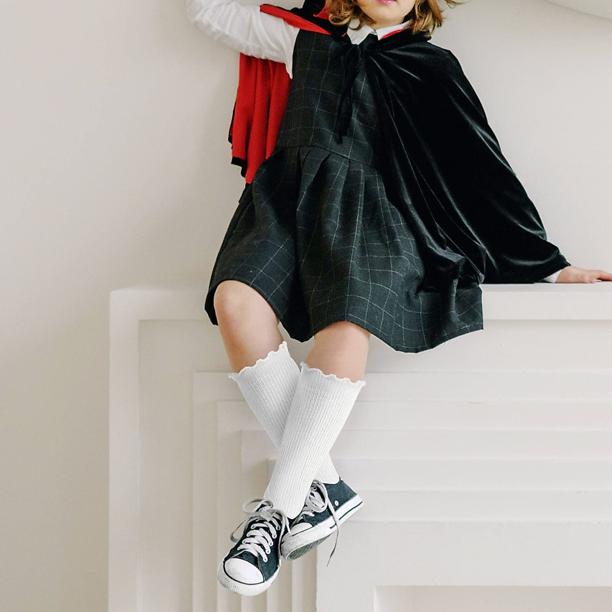 BOOPH 6 Pairs Girls Socks Ruffle Baby Frilly Turn cuff Socks White 4-6 Years