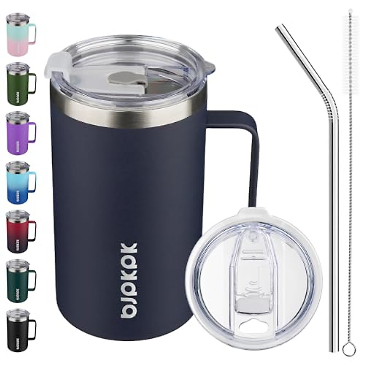 BJPKPK Insulated Coffee Mug with 2 Lids, 25oz Stainless Steel Insulated Tumbler with Handle, Double Wall Vacuum Coffee Cup, BPA Free Leak Proof Thermos for Travel & Home, Navy Blue