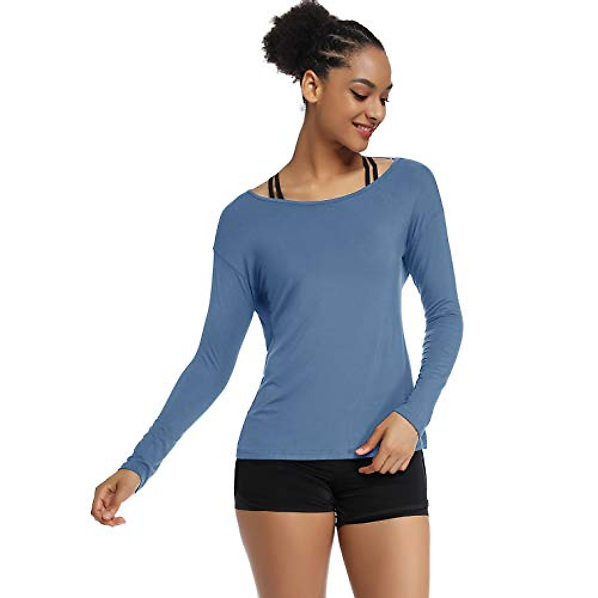 Muzniuer Long Sleeve Workout Shirts for Women Long Sleeve Yoga Tops Backless Yoga Tops Backless Open Back Cross Blouses Open Shirts GrayBlue XL