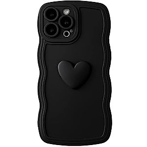 Qokey for iPhone 12 Pro Max Case(6.7" 2020), Cute 3D Colors Love Heart Wavy Frame Full Protection 6.7" Soft TPU Shockproof Phone Cover Women Girls,Black