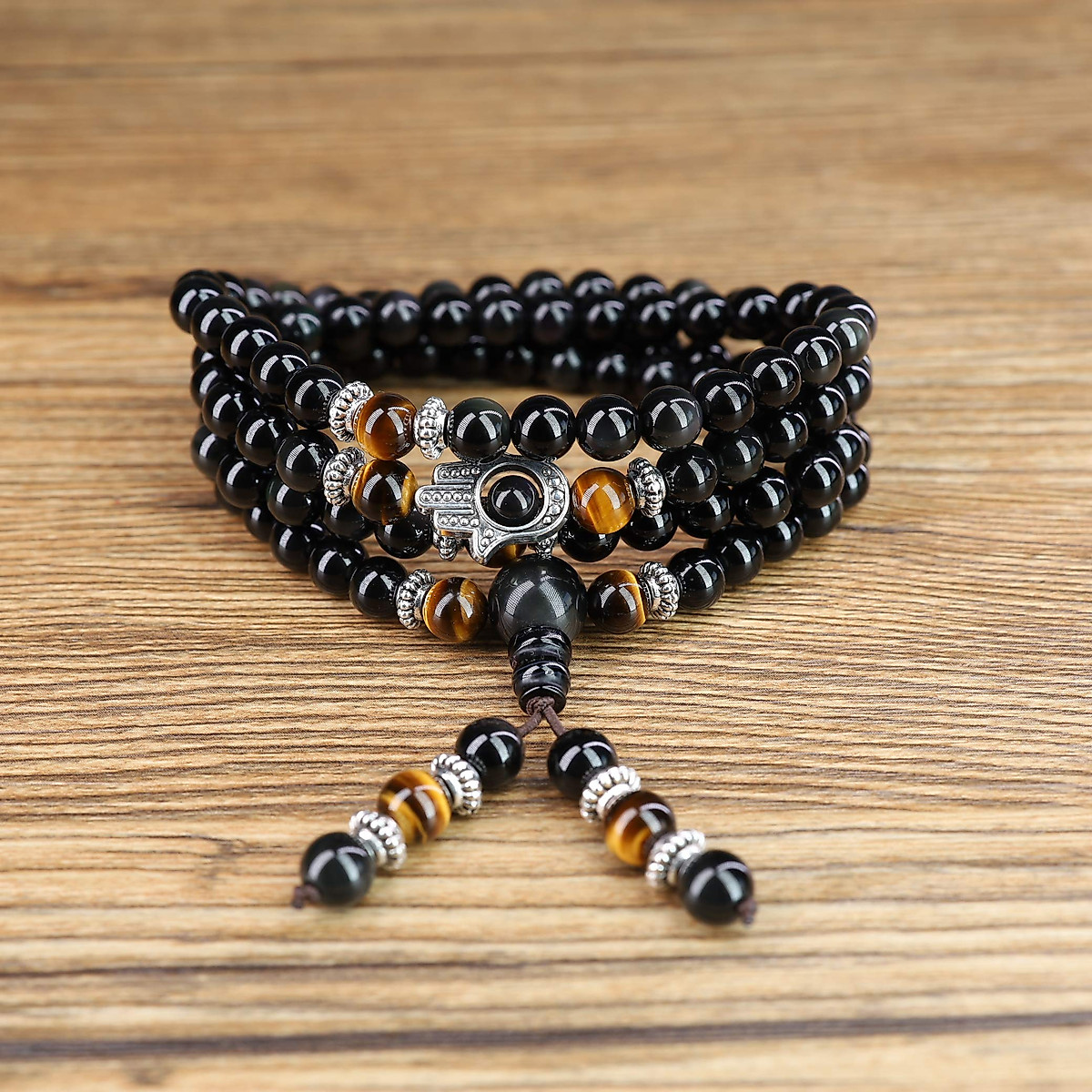 COAI 108 Mala Beads Black Obsidian Tiger Eye Stone Hamsa Hand Bracelet Necklace