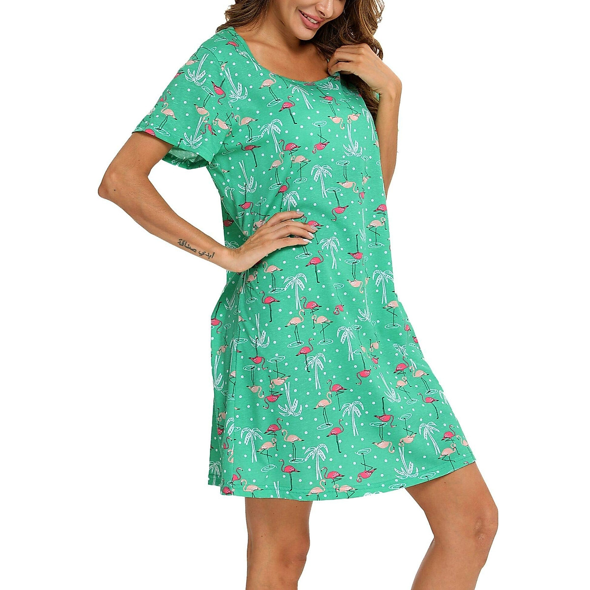 ENJOYNIGHT Womens Nightgowns Cotton Sleepwear Plus Size Sleep Shirts Short Sleeves Nightshirt Print Sleepshirt (Medium, Flamingo)