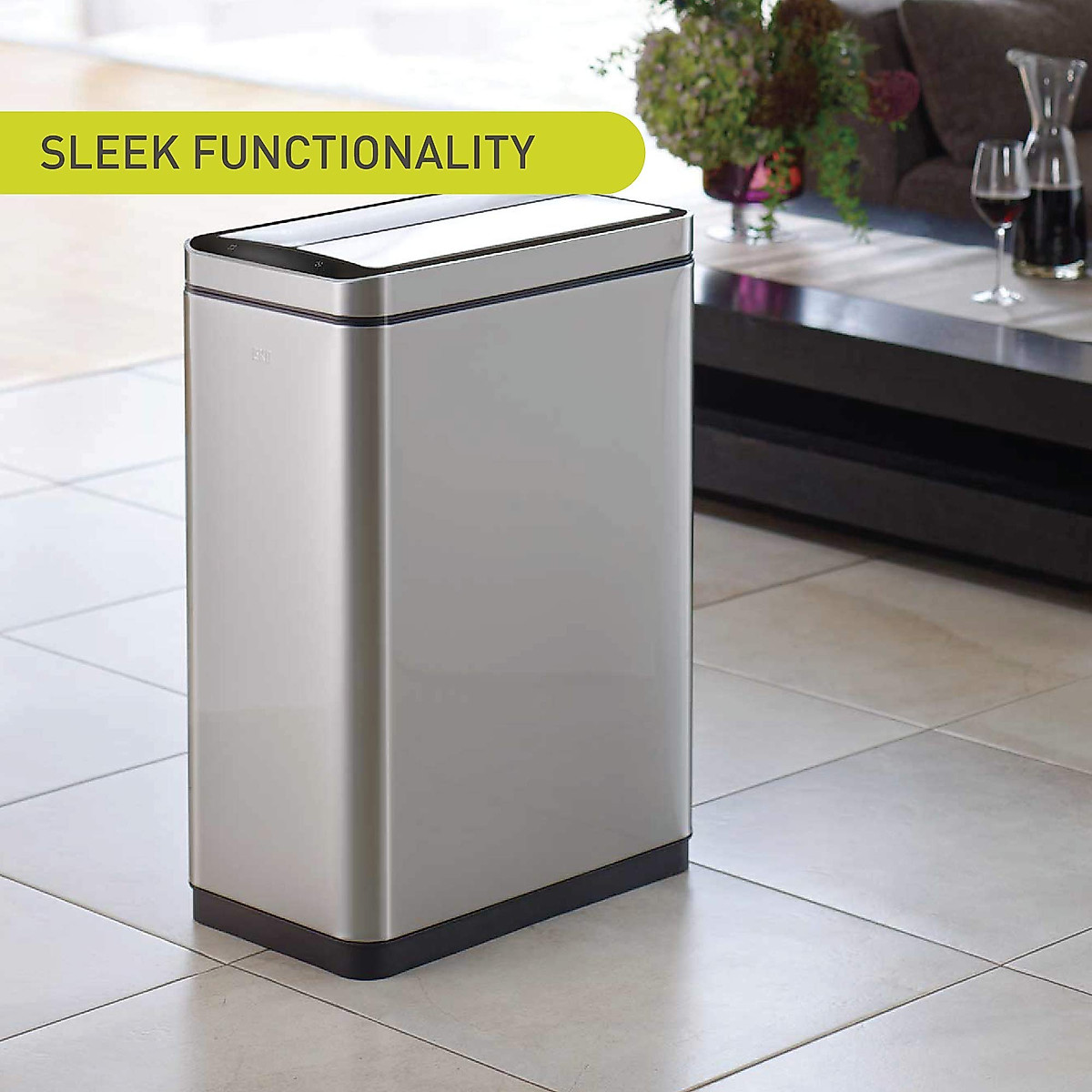 EKO Deluxe Phantom 45 Liter / 11.8 Gallon Touchless Motion Sensor Trash Can, 50 Liter Vertical, Brushed Stainless Steel Finish