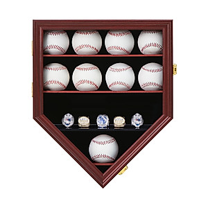 BYOSII Baseball and Championship Ring Display Case 12 Baseball Holders for Balls Display Baseball Ring Display Wall Cabinet with 98% Uv Protection for Collection Autographed Baseball Championship Ring