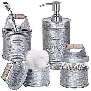 Autumn Alley Rustic Bathroom Accessories Set 4 - Galvanized Farmhouse Soap Dispenser, Rustic Toothbrush Holder, 2 Apothecary Jars Qtip Holder - Rustic Bathroom Decor – Farmhouse Bathroom Accessories